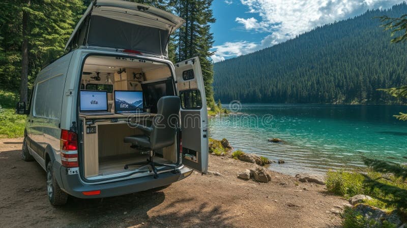 Van Life Office by Scenic Lake Stock Illustration - Illustration of ...
