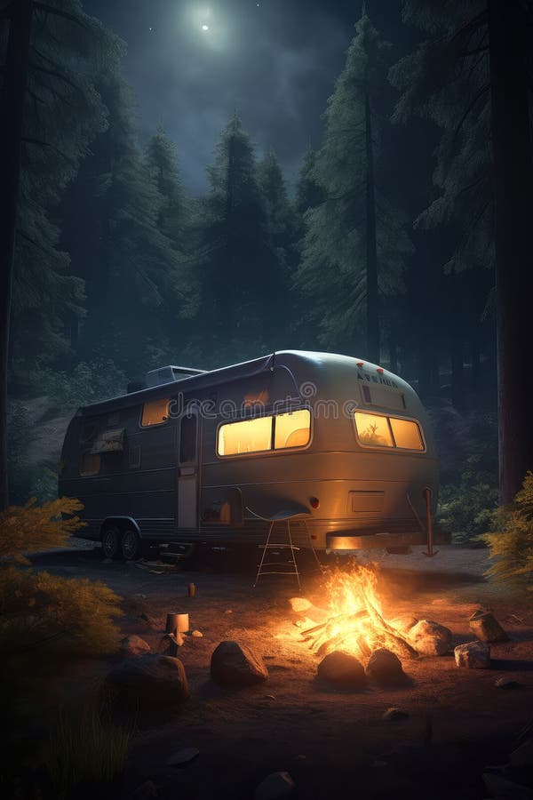Van Life, RV Motohome a Campfire in the Forest, Moon, Ai Generative ...