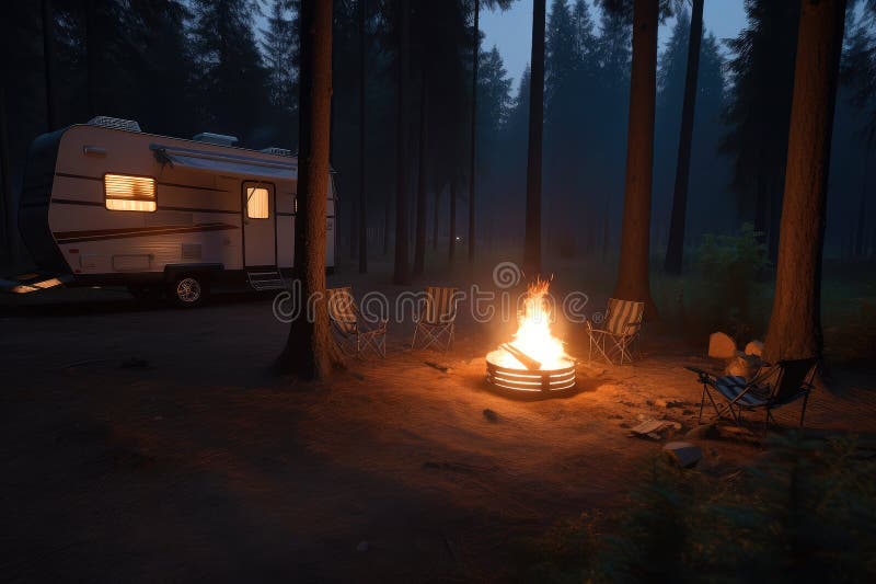 Van Life, RV Motohome a Campfire in the Forest, Moon, Ai Generative ...