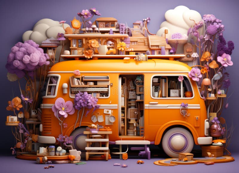 A Van Loaded with Various Items on Its Roof. an Orange Van with a ...