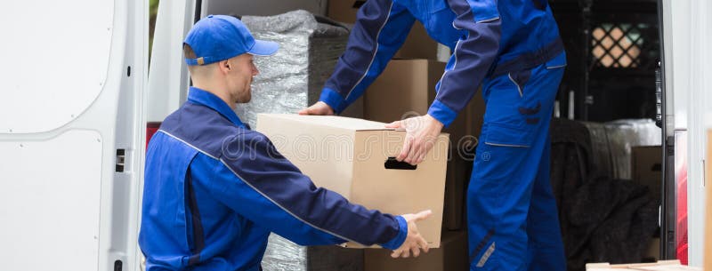 Van Movers Unloading Cardboard Boxes Stock Image - Image of service ...