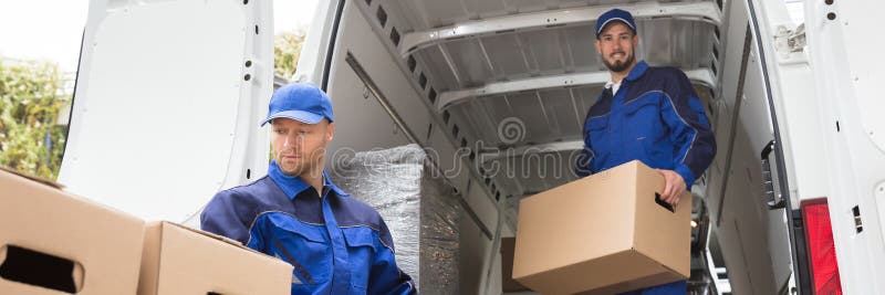 Van Movers Unloading Cardboard Boxes Stock Photo - Image of team, truck ...