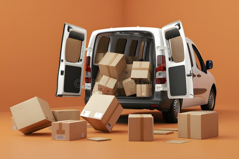 Van with Open Doors and Scattered Boxes on Ground in Chaotic Setting ...