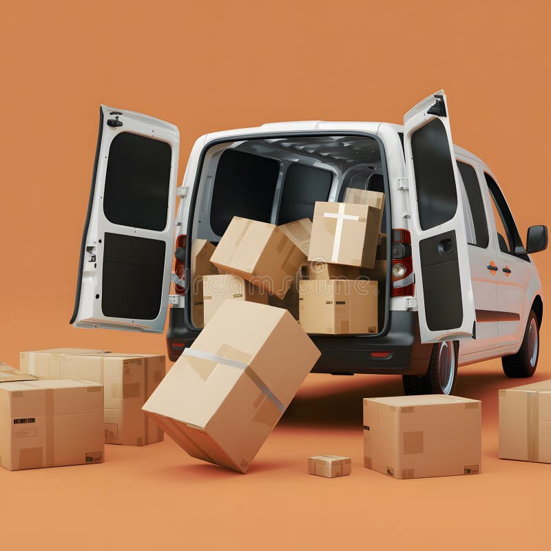 Van with Open Doors and Scattered Boxes on Ground in Chaotic Setting ...