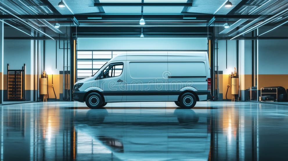 Van Parked in Modern Garage with Polished Floor Stock Image - Image of ...