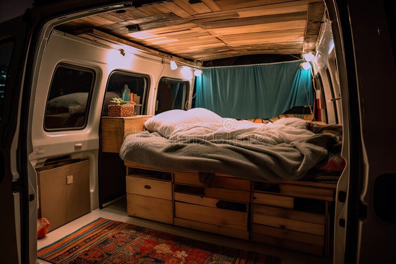 Van with Pop-up Bed, Ready for a Rest after Long Day of Driving Stock ...