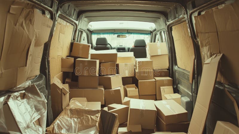 Van Rear View Filled with Numerous Cardboard Boxes Ready for Delivery ...
