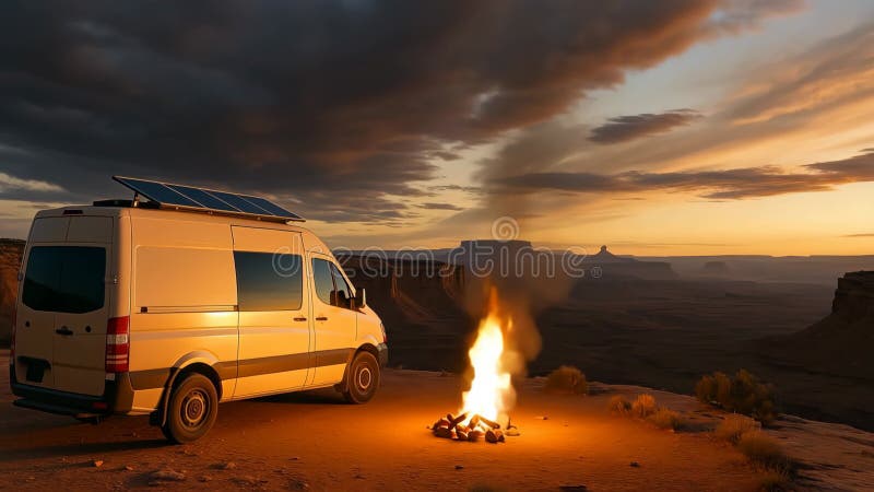 Camper Van with Solar Panel Parked Near Canyon at Sunset Stock Footage ...