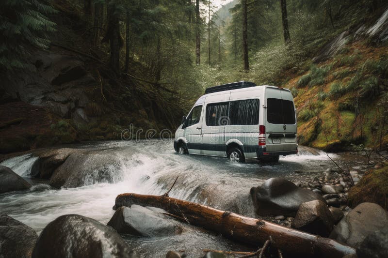 Van, Stopping at Scenic Waterfall with Rushing Water Stock Illustration ...