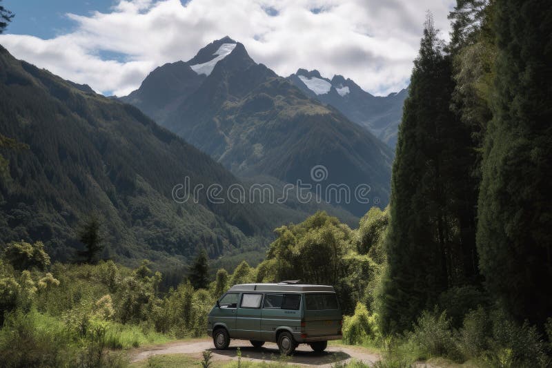 Van, Surrounded by Lush Forest and Mountains, with View of Peak in the ...