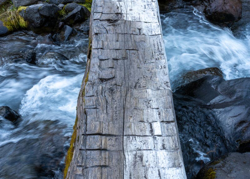 Van Trump Creek Flows Under Old Log Bridge in Mount Rainier Stock Photo ...