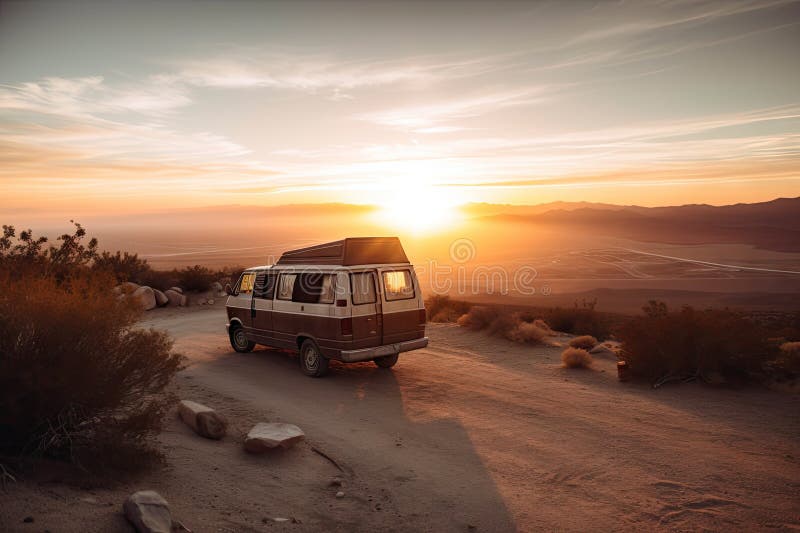 Van, with View of the Sunrise, on a Scenic Road Trip Stock Illustration ...