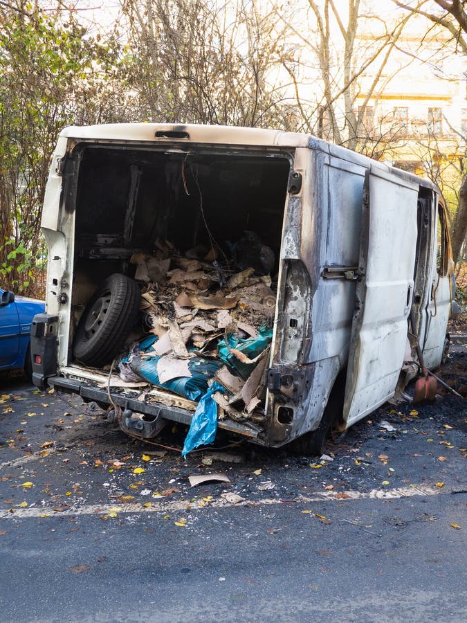 Destroyed Burnt Out White Van Stock Image - Image of destroyed ...