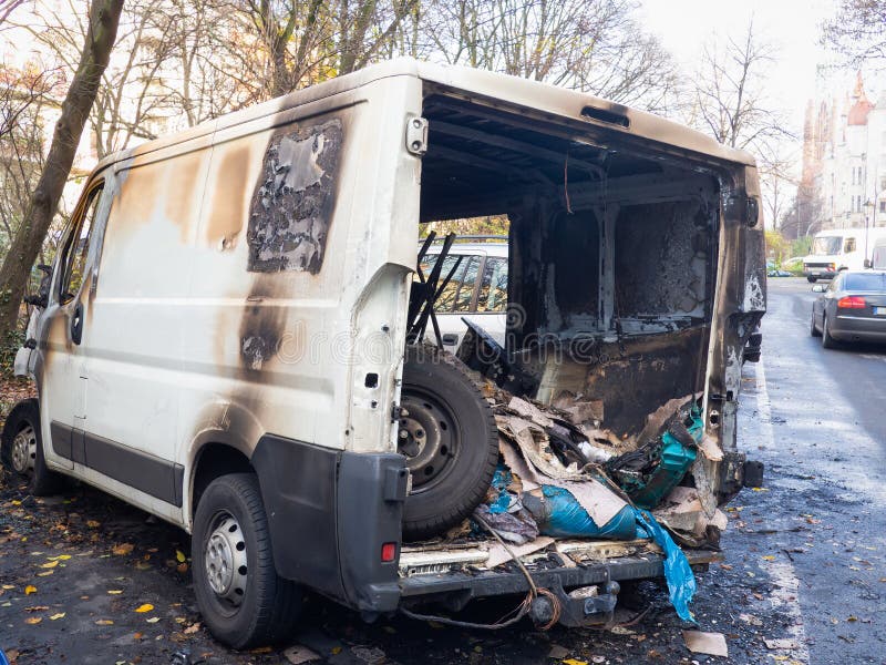 Destroyed Burnt Out White Van Stock Image - Image of destroyed ...