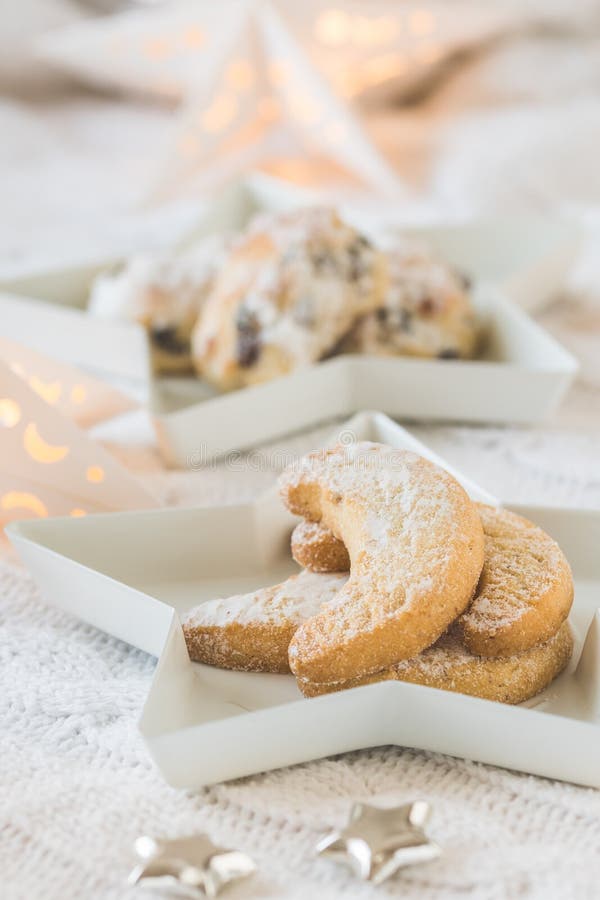 Vanilla Biscuits and Mini Stollen on White Star Plates on a White ...