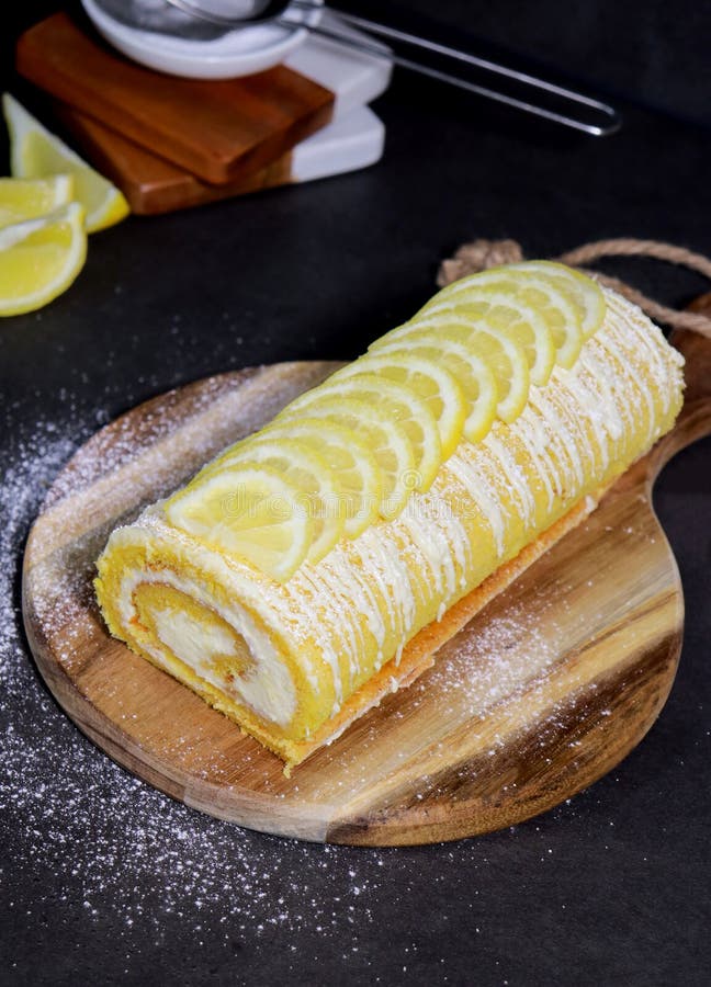 Upper View of Vanilla Cake Roll with Lemon Butter Cream Inside, Grey ...
