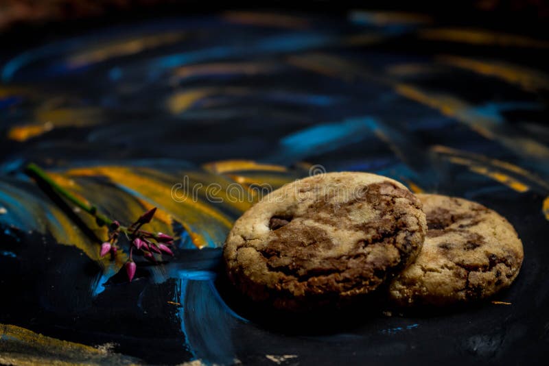 Vanilla Cookies with Chocolate Chips on a Blue and Gold Background ...