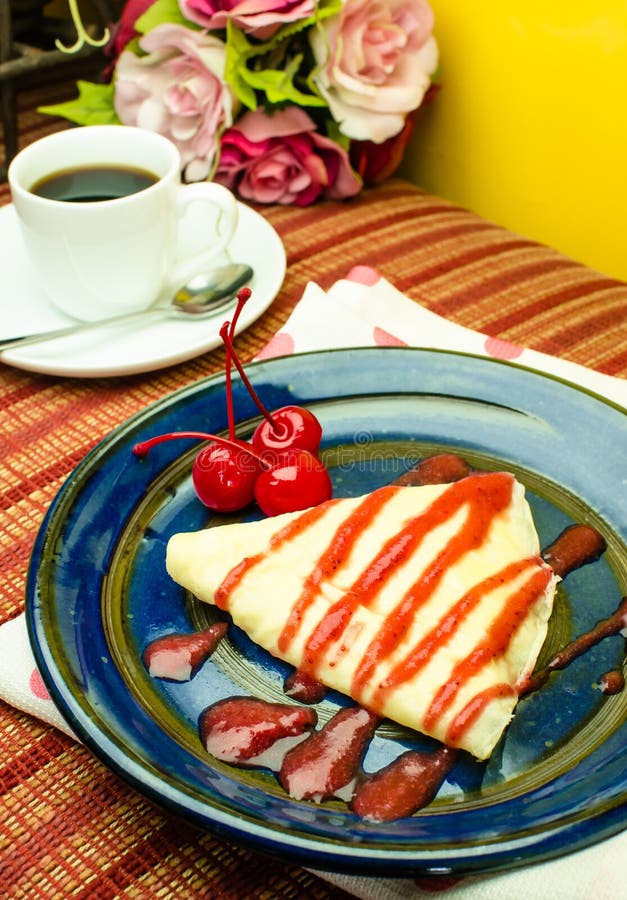 Vanilla Crape Cake on Dish with Strawberry Jam and Cherry Stock Image ...