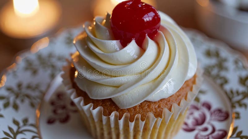 Vanilla Cupcake with Cherry on Elegant Plate, Soft Focus Lighting ...