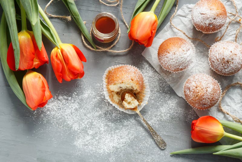 Vanilla Cupcakes. Fresh Flowers are Tulips. Stock Photo - Image of ...