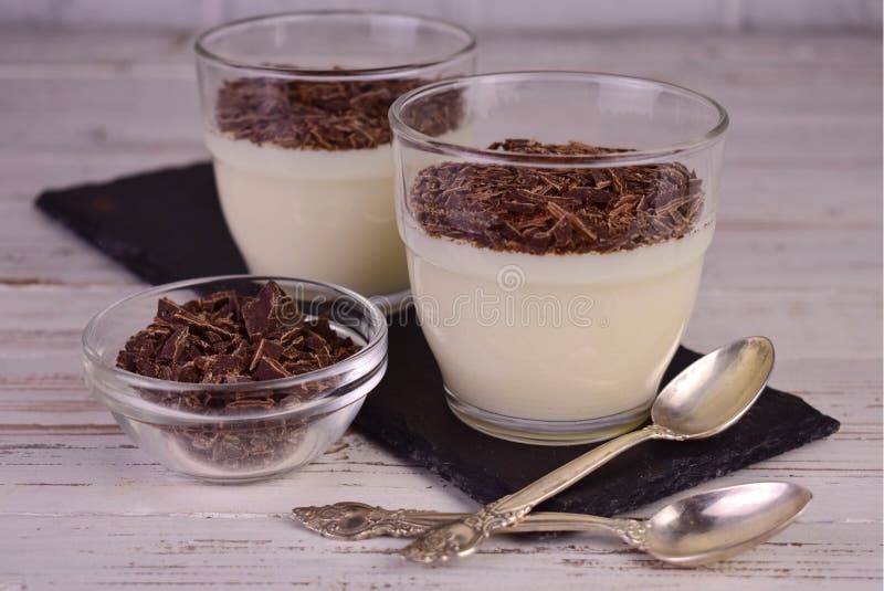 Vanilla Dessert with Grated Chocolate. Vanilla Pudding. Stock Photo ...