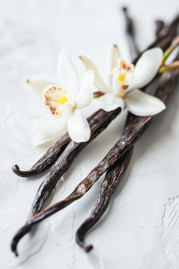 Vanilla Flowers and Pods Artfully Arranged on a Textured White Surface ...