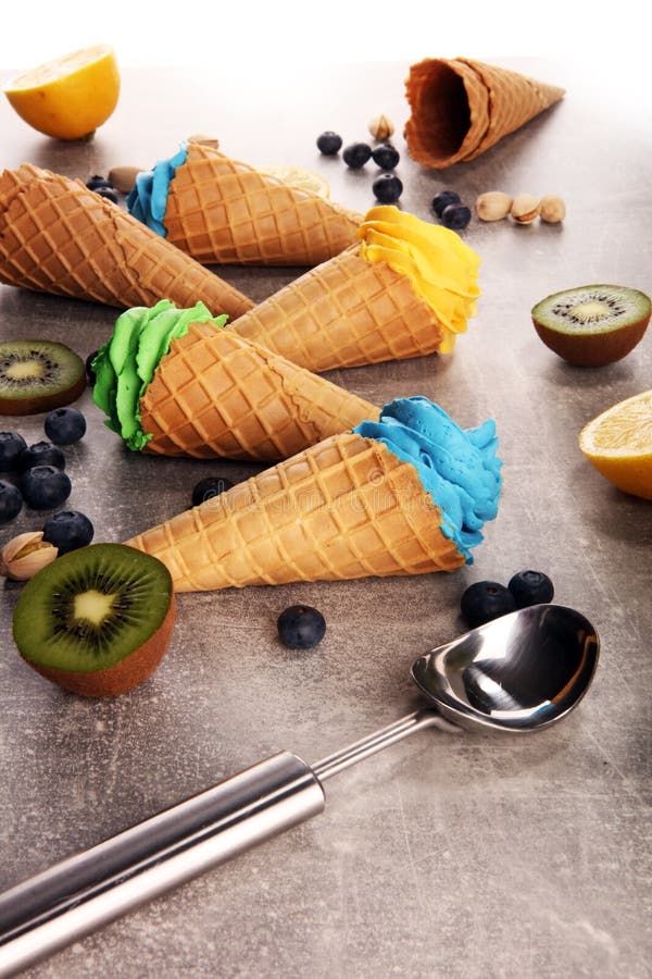 Vanilla Frozen Yogurt or Colorful Soft Ice Cream in Waffle Cone Stock ... Vanilla Frozen Yogurt or Colorful Soft Ice Cream in Waffle Cone Stock ...