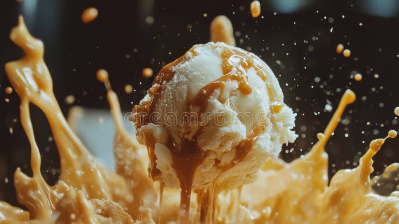 Vanilla Ice Cream with Caramel Sauce Splash Stock Illustration ...