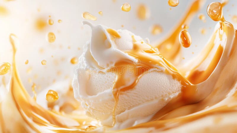 Vanilla Ice Cream with Caramel Sauce Splash Stock Illustration ...
