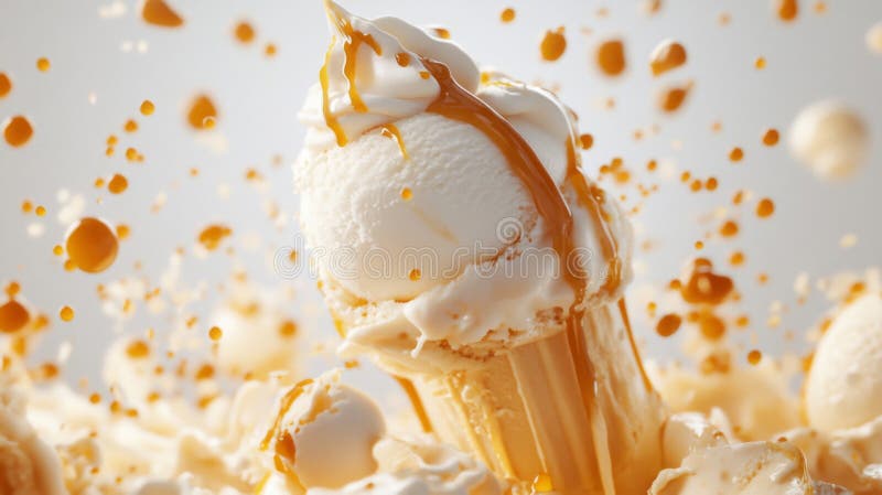 Vanilla Ice Cream Cone with Caramel Sauce Splash Stock Illustration ...