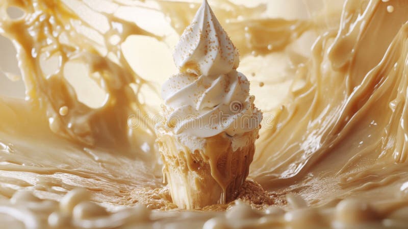 Vanilla Ice Cream Cone in Creamy Caramel Splash Stock Illustration ...