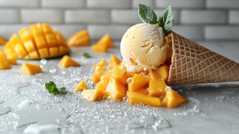 Vanilla Ice Cream Cone with Fresh Mango and Mint on Marble Surface ...