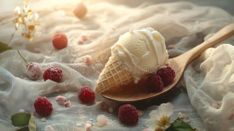 Vanilla Ice Cream Cone with Raspberries on Soft Fabric Stock Photo ...