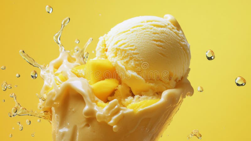 Vanilla Ice Cream with Mango Chunks and Yellow Background Stock ...