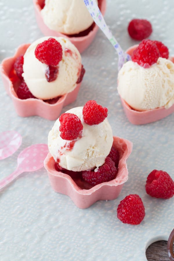 Vanilla Ice Cream with Raspberries Stock Photo - Image of yummy ...