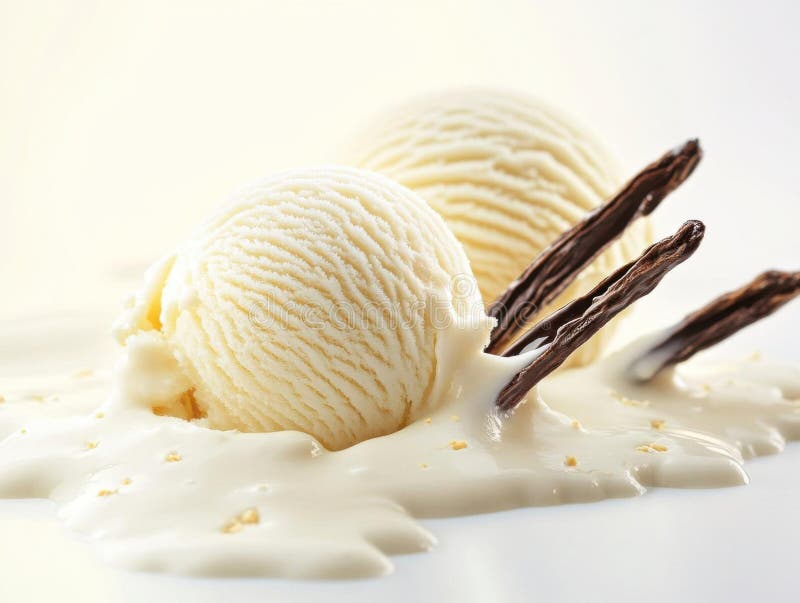 Vanilla Ice Cream Scoops with Melted Cream and Chocolate Sticks Stock ...