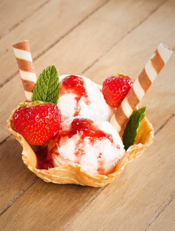 Vanilla Ice Cream With Strawberries In A Waffle Cup Stock Image Image