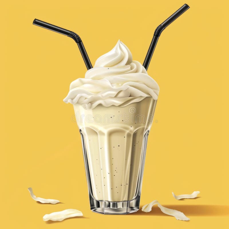 Vanilla Milkshake In Elegant Glass Decorated With Whipped Cream And Cocktail Straws Isolated On