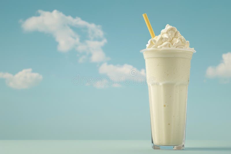 Vanilla Milkshake with Whipped Cream and Straw Against a Blue Sky with ...