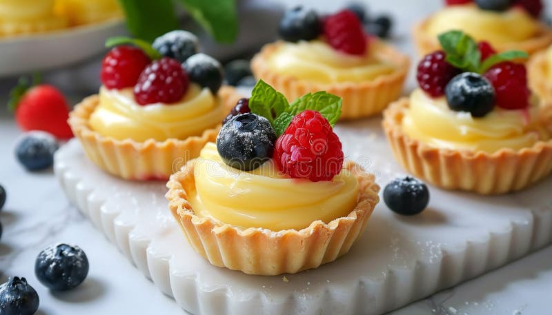 Vanilla Mini Pudding Tarts with Fruits. AI Generated. Stock ...