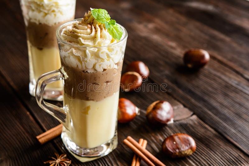 Vanilla Pudding with Chestnuts Puree and Whipped Cream Stock Photo ...