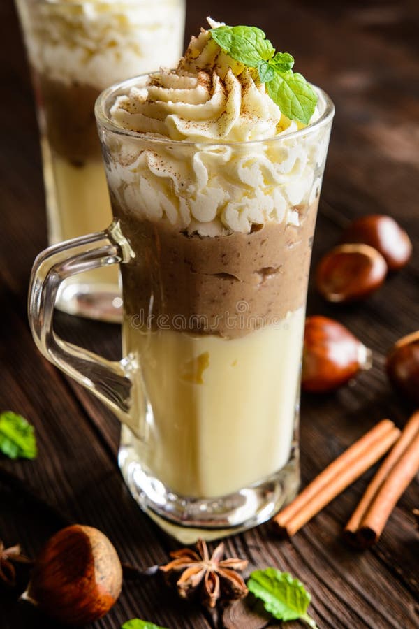 Vanilla Pudding with Chestnuts Puree and Whipped Cream Stock Image ...