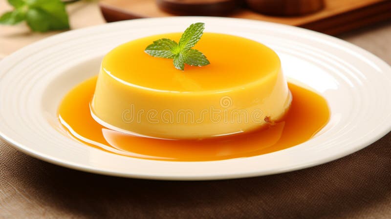 Vanilla Pudding. Homemade Caramel Custard Pudding with Mint. AI ...