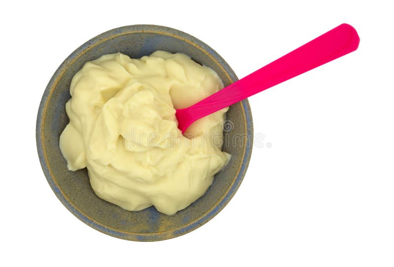 Vanilla Pudding in Old Bowl Top View with Pink Spoon Stock Image ...