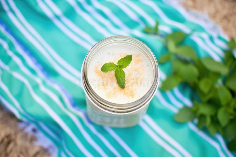 Vanilla Shake in a Mason Jar Garnished with Mint, on a Picnic Blanket ...