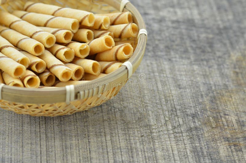 Vanilla Waffle Roll Sticks in Bamboo Basket Stock Image - Image of ...