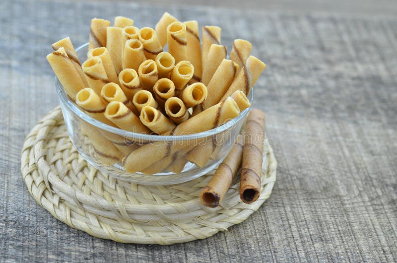 Vanilla Waffle Roll Sticks in Glass Bowl Stock Image - Image of roll ...