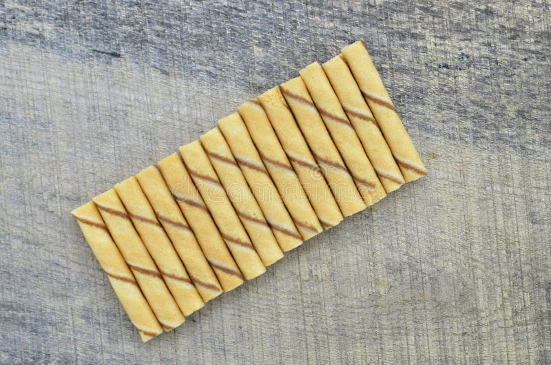 Vanilla Waffle Roll Sticks Lined Up on Wooden Background Stock Image ...