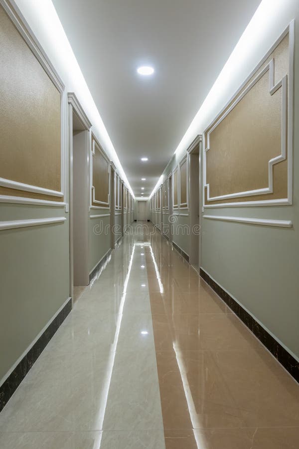 Vanishing Perspective of a Long Indoor Corridor with Doors and ...