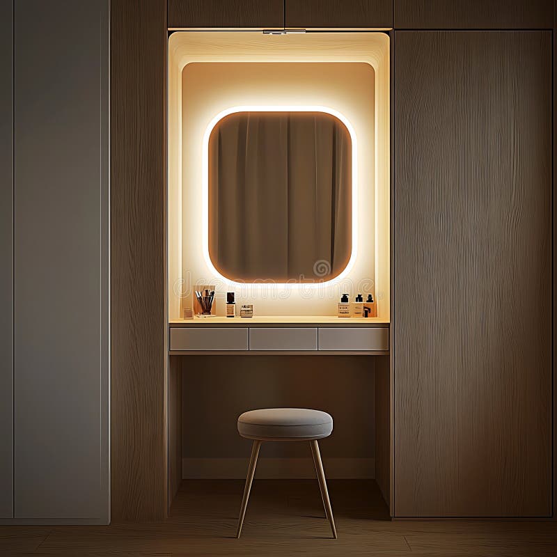 A Vanity with a Mirror and a Stool Stock Image - Image of house, light ...
